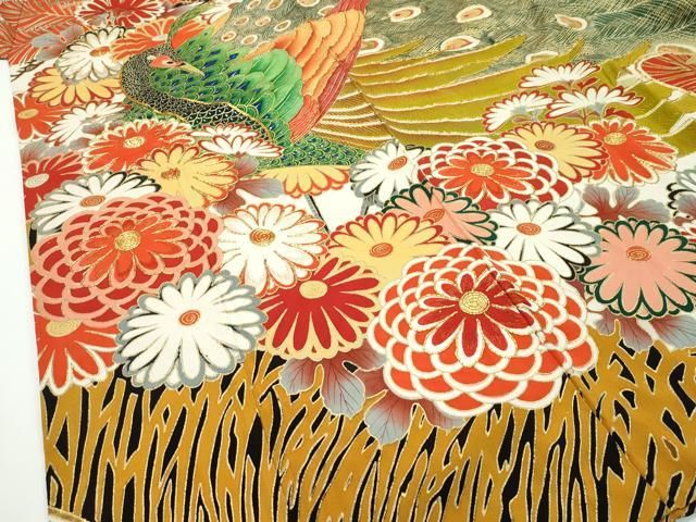 平和屋本店■極上　アンティーク　大正ロマン　振袖　駒刺繍　孔雀花文　金彩　逸品　CZAA1927s5 平和屋本店□極上 アンティーク 大正ロマン 振袖 駒刺繍 孔雀花文 金彩