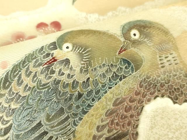 平和屋本店□極上 東京友禅 熊谷好博子 太鼓柄袋帯 刺繍 鳩 雪持ち梅