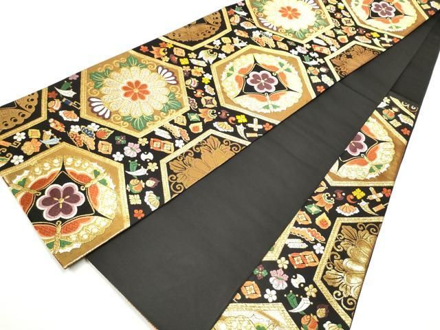 平和屋着物●六通柄袋帯　唐織　亀甲華文　黒地　金糸　正絹　逸品　CAAY2418hy 平和屋着物○六通柄袋帯 唐織 亀甲華文 黒地 金糸 正絹 逸品