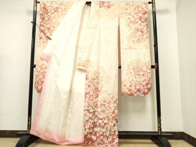 平和屋着物○紫綬褒章 巨匠『岩田専太郎』 振袖 駒刺繍 御所車草花文 金彩