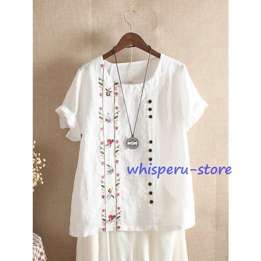 ブラウス シャツ レディース 綿麻混風 プルオーバー ブラウス トップス tシャツ カットソー コットンリネン おしゃれ 夏 ゆったり 刺繍 ...