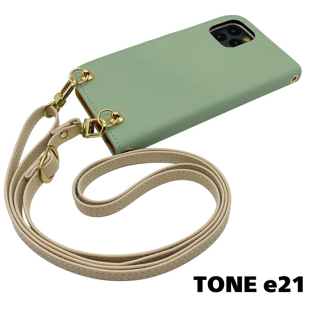 【新品未使用】TONE e21 トーンe21 ストラップ付 手帳型スマホ ケース ショルダー (カバー色アッシュグリーン、ストラップ色クリーム) カード収納 くすみカラー zflip51 ...
