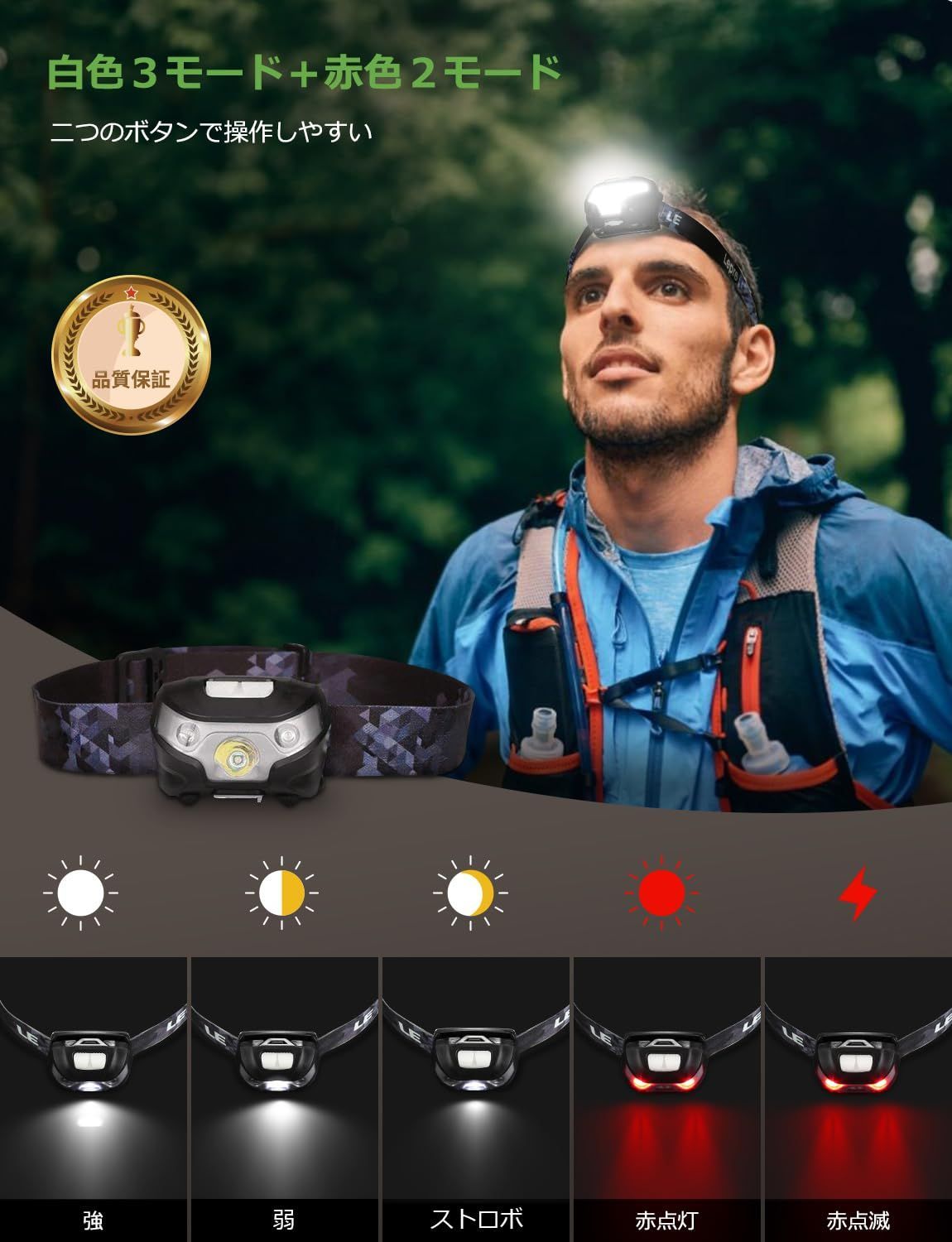 【新着商品】ヘッドライト 充電式 ledヘッドライト 釣り ヘッドランプ 登山 USB充電 Lepro 白＆赤 ledライト 高輝度【明るさ150ルーメン/5つ点灯モード/3時間満充電/実用 ...