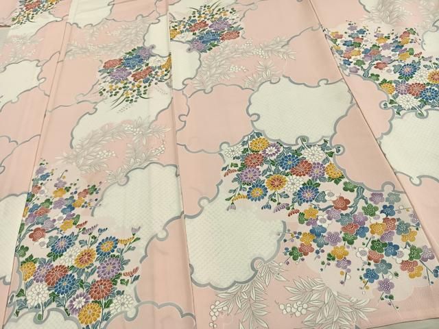 平和屋着物▽小紋 単衣 雪輪草花文 洗える着物 AAAU8700fy 平和屋着物