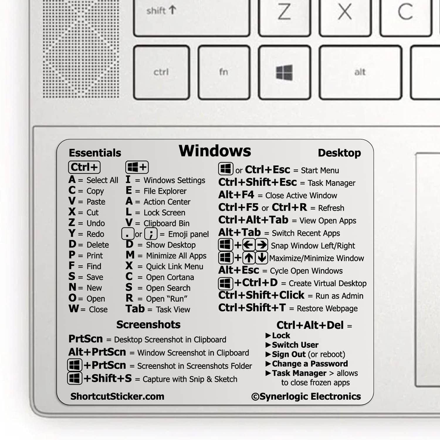 SYNERLOGIC Windows PC Reference Keyboard Shortcut Vinyl Sticker, No ...