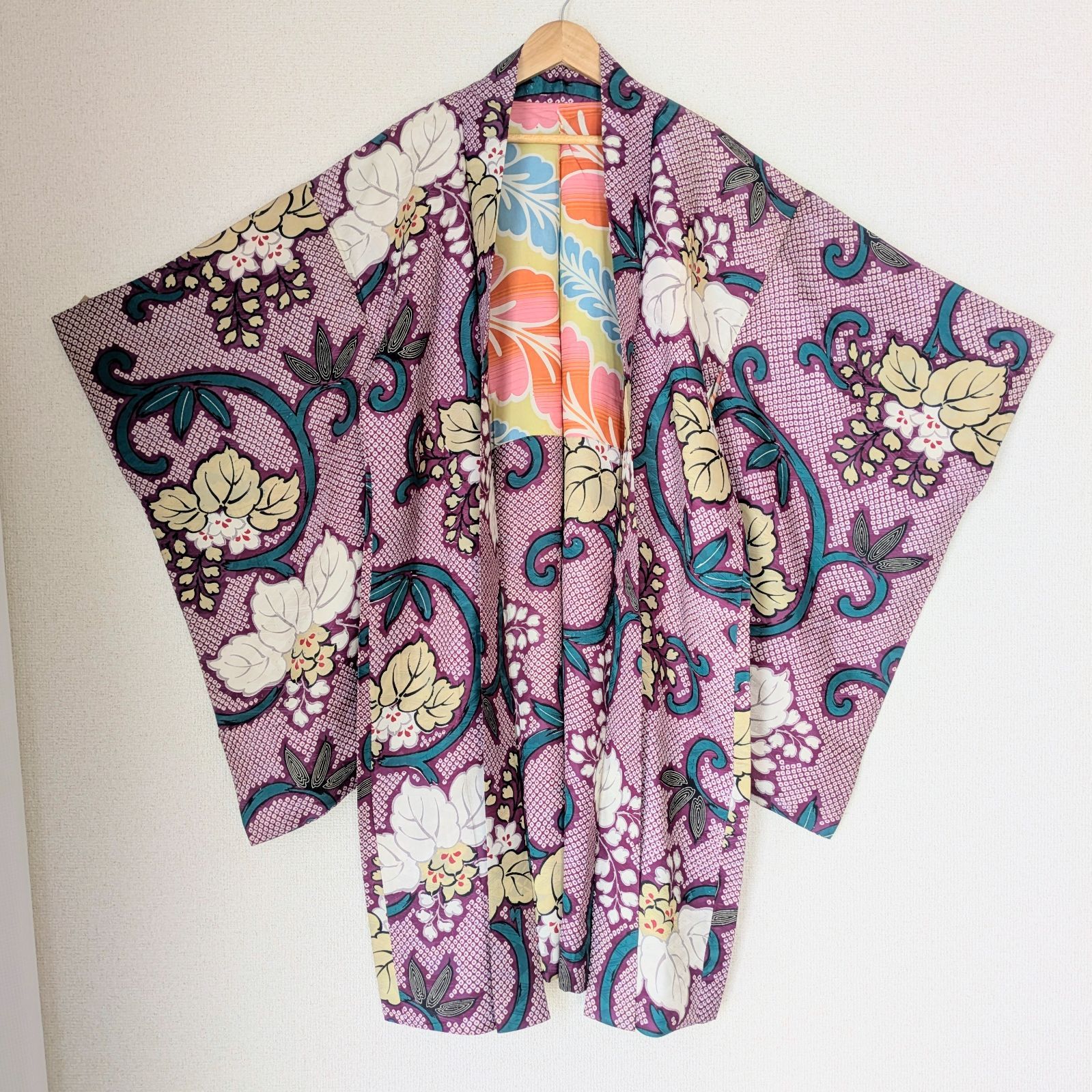 Japanese Vintage Haori Long Purple Arabesque pattern Silk Kimono Jacket ...