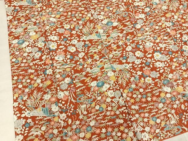 平和屋着物▽上質な紬 単衣 草花文 正絹 逸品 未使用 AABA9135jh