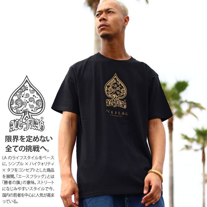 ACEFLAG Tシャツ 半袖 メンズ レディース 黒 白 大きいサイズ エースフラッグ おしゃれ スペード ペイズリー柄 バンダナ柄 ロゴ b系 ヒップホップ ファッション ストリート系 ...