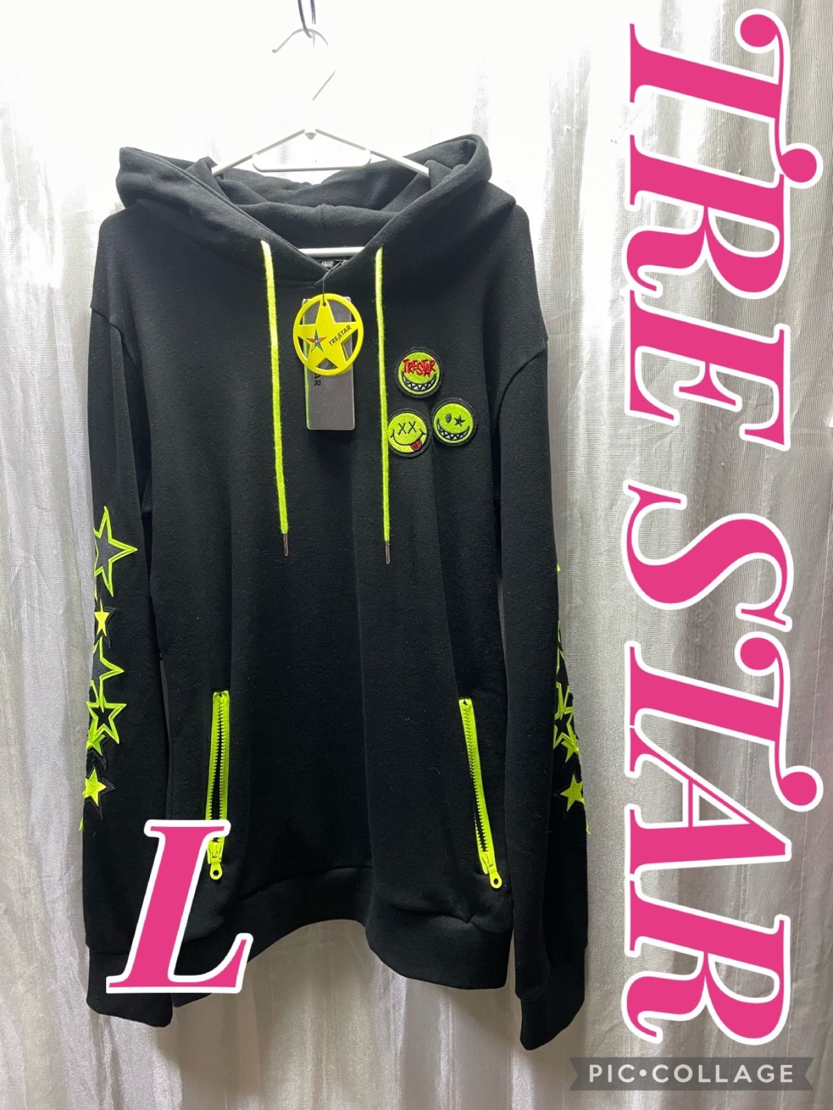 TRE STAR トレスタープルオーバーパーカー ワッペンロゴ ネオンイエロー 蛍光色 黄色 星 総柄 オーバーサイズ ゆるだぼ - メルカリ