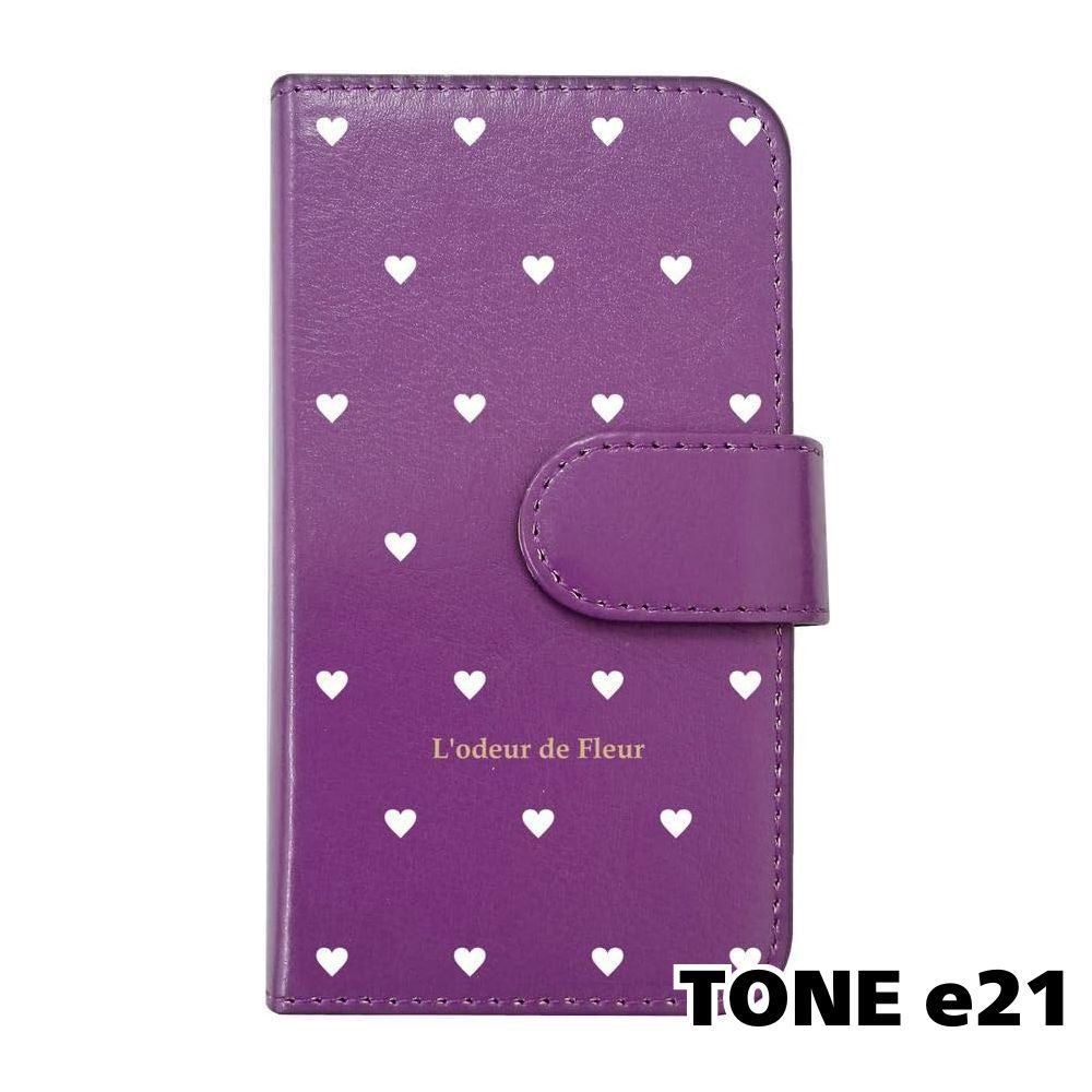 【新品未使用】 TONE e21 トーンe21 手帳型スマホ ケース ハート柄 (カバー色パープル×ホワイト柄) ドット シンプル おしゃれ カード収納 PUレザー flip2-tonee21 ...