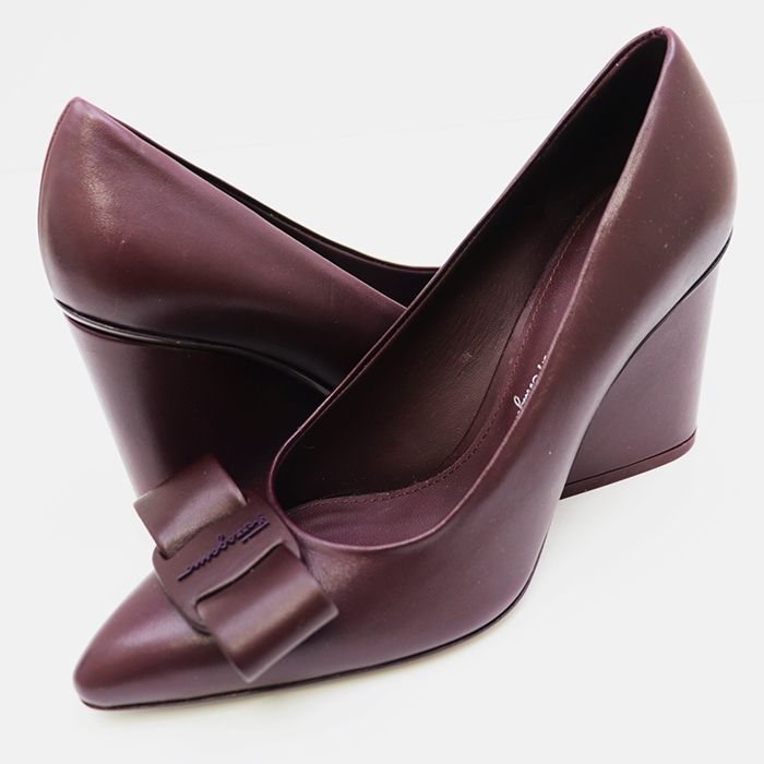 【新品同様】サルヴァトーレフェラガモ VIVA 85 ヴァラリボン レザー チャンキーヒール パンプス レディース サイズ 6C プラム ...