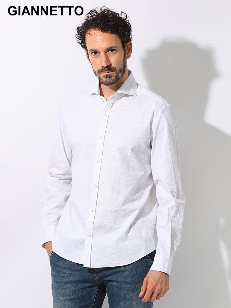 GIANNETTO (ジャンネット) シアサッカー スリムフィット 無地 カッタウェーカラー 長袖 シャツ (ホワイト) - メルカリ