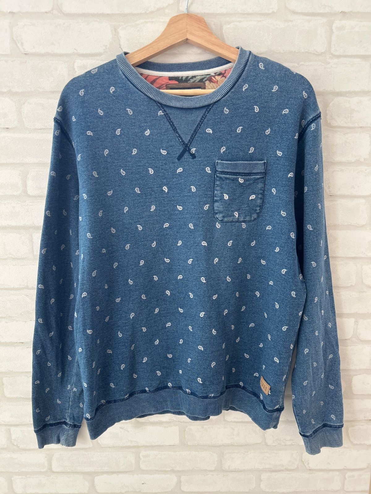 値下げBILLA BONG INDIGO ビラボン インディゴ ラウンドネック スウェット トレーナー サーファー デニム L 総柄 希少 ...