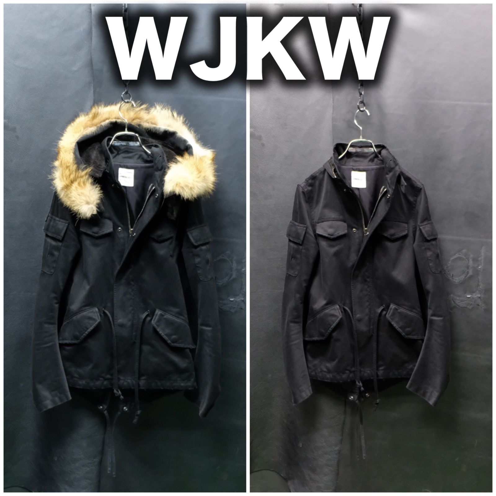 WJKW ショートモッズコート デストロイ加工 38 レディース M52 M51 コヨーテファー フィッシュテール WJK ウィメンズ パーカー ジャケット 黒 ブラック ダブルジェイケイ ...