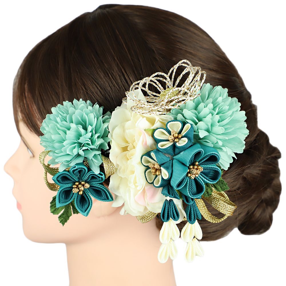 髪飾り 成人式水引 つまみ細工 青緑 水色 ターコイズブルー パステルブルー ゴールド 振袖 前撮り 袴 花 ピンク 白 つまみ細工 No.9-5474 - メルカリ