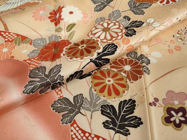 平和屋着物○訪問着 刺繍 飛鶴草花文 暈し染め 金彩 正絹 逸品