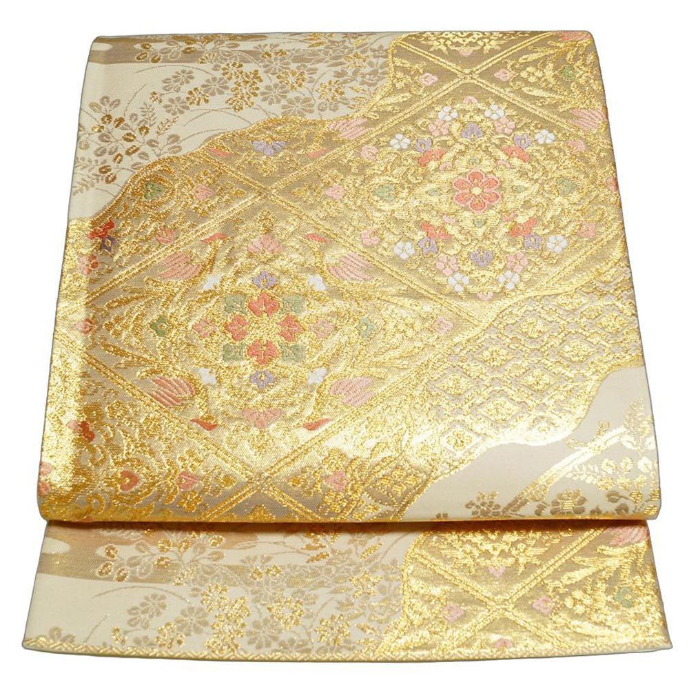 袋帯 道長取に華文、花垣模様 六通柄 金糸 乳白色系 【送料無料 袋帯 道長取に華文、花垣模様 六通柄 金糸 乳白色系 【送料無料