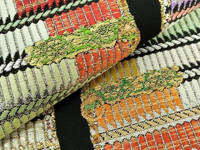 平和屋本店□最高級 龍村平蔵製 六通柄 本袋帯 威毛錦 黒地 金銀糸