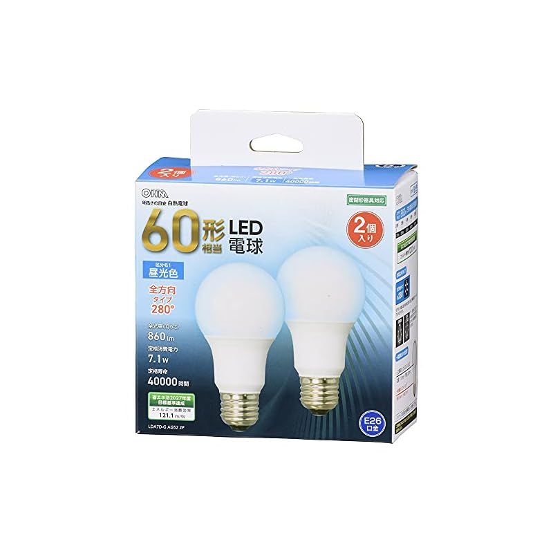 オーム電機 LED電球 E26 60形相当 昼光色 全方向 2個入 LDA7D-G AG52 2P 06-4709 OHM - メルカリ