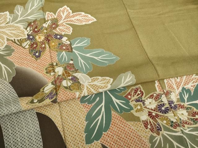 平和屋着物○訪問着 友禅 駒刺繍 葉尽くし 金彩 鬼しぼ縮緬 ロング丈