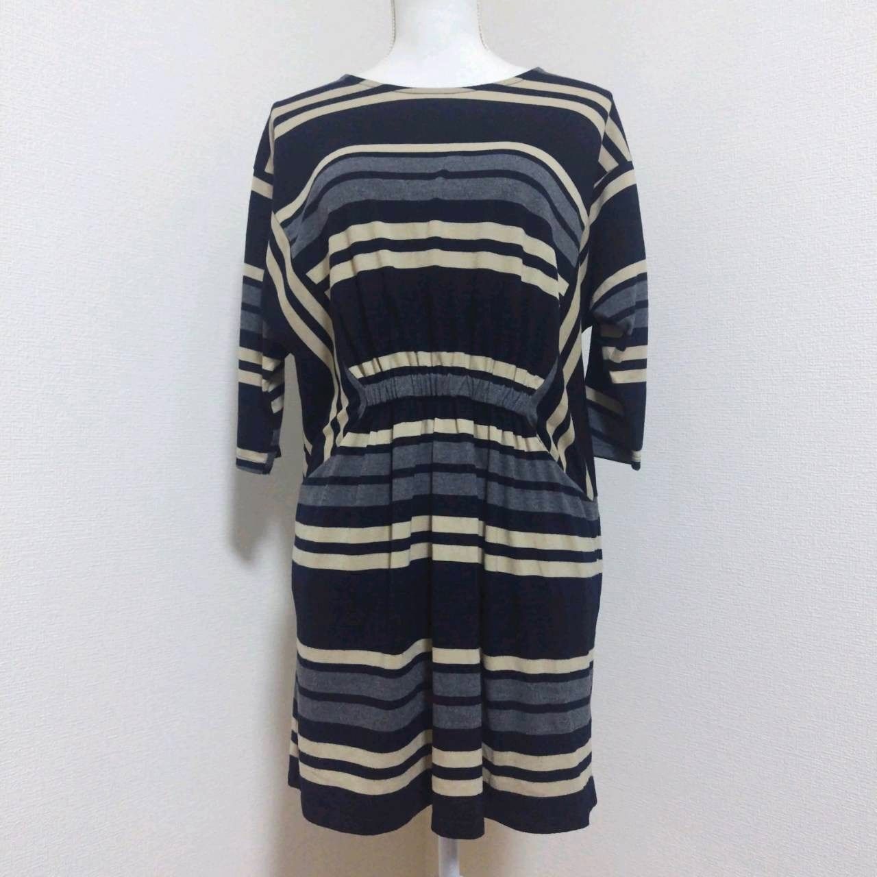 【smartpink】スマートピンク ワンピース ボーダーワンピース 七分袖ワンピース ブラック系ボーダー ひざ丈ワンピース サイズ40 (L ...