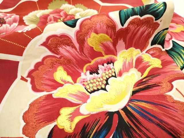 平和屋着物○アンティーク 大正ロマン 九寸名古屋帯 刺繍 扇面花文