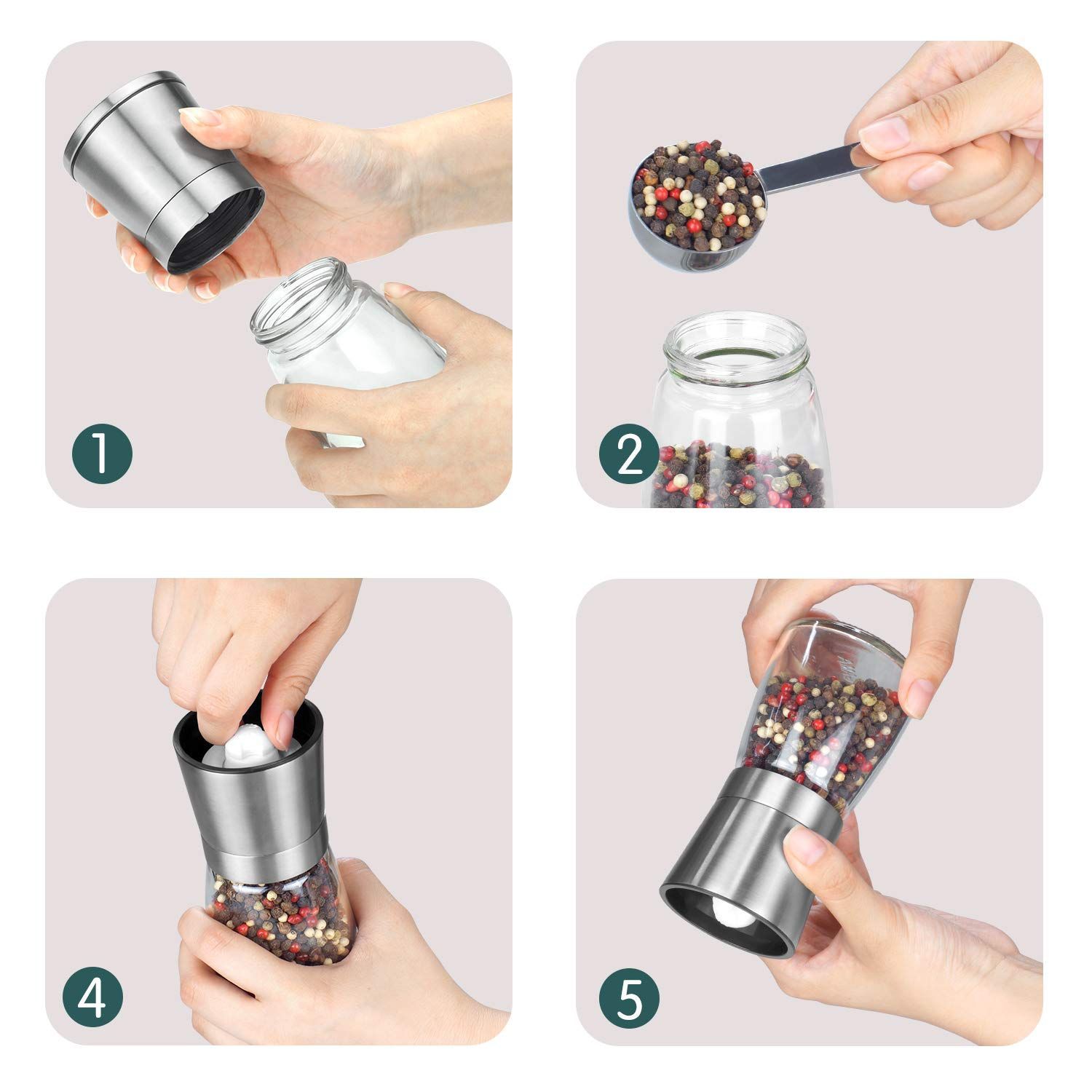 【特価セール】VKCHEF ペッパーミル 胡椒ミル 手動 岩塩 ミル 大きい ソルトミル 手動 2個セット ステンレス製 粗さ挽き調節可能 セラミック刃 スパイスミル 結晶塩 胡椒挽き ...