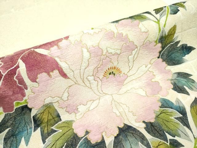 平和屋本店■極上　手描き友禅作家　腰原淳策　太鼓柄袋帯　刺繍　枝牡丹　金糸　逸品　CZAA2133s5 平和屋本店□極上 手描き友禅作家 腰原淳策 太鼓柄袋帯 刺繍 枝牡丹