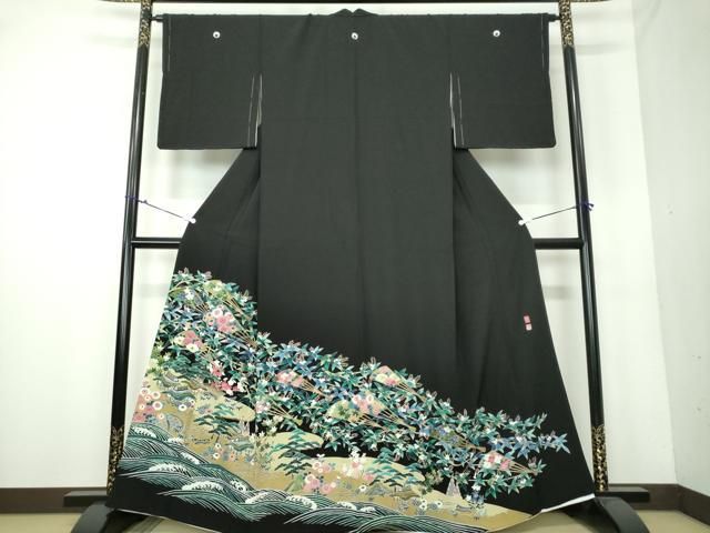 平和屋着物○豪華黒留袖 友禅 作家物 立波風景花文 正絹 逸品 未使用