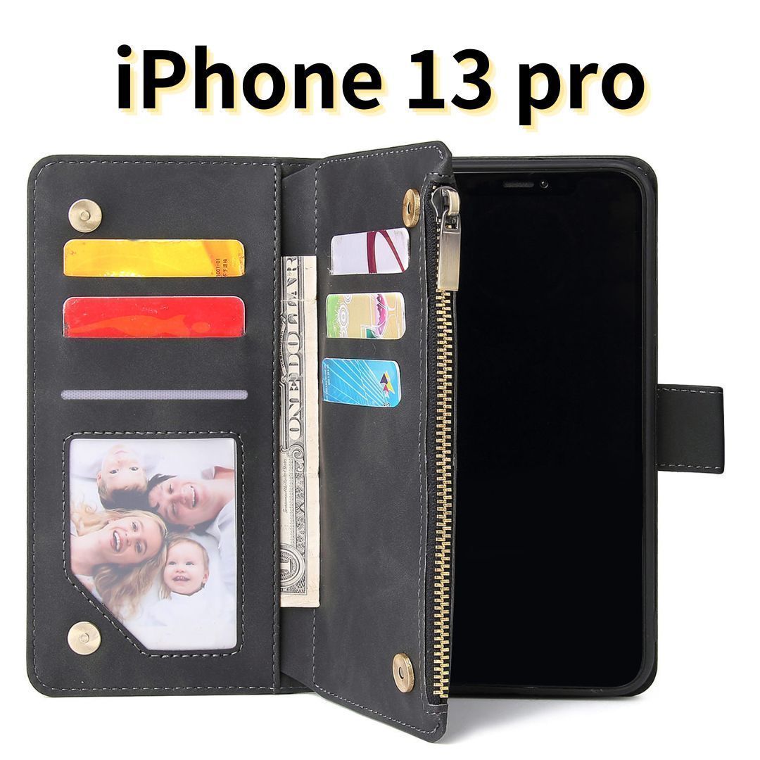【SHOPS T】 iPhone13 pro レザー風 スマホケース 手帳型 財布 スマホスタンド 耐衝撃 マグネット式 カードケース 黒 E020 - メルカリ