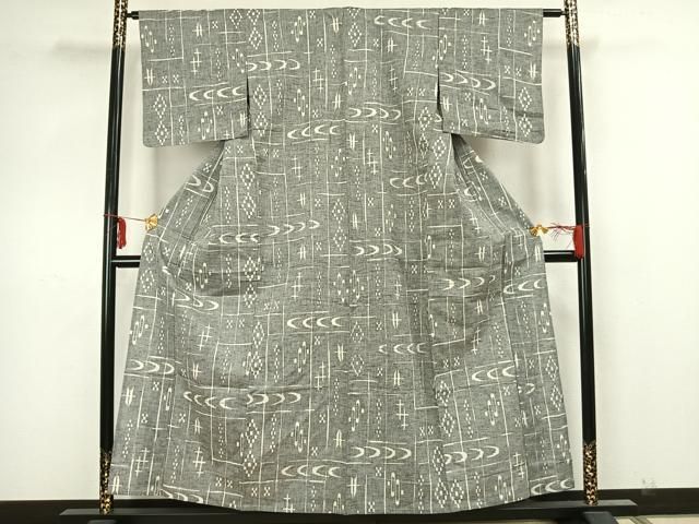 平和屋着物▽上質な紬 単衣 幾何学文様 正絹 逸品 未使用