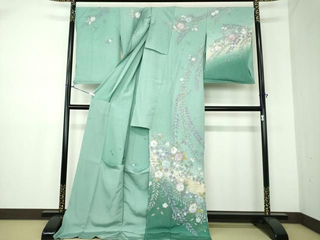 平和屋着物▽訪問着 単衣 紬地 友禅 作家物 枝葉文 正絹