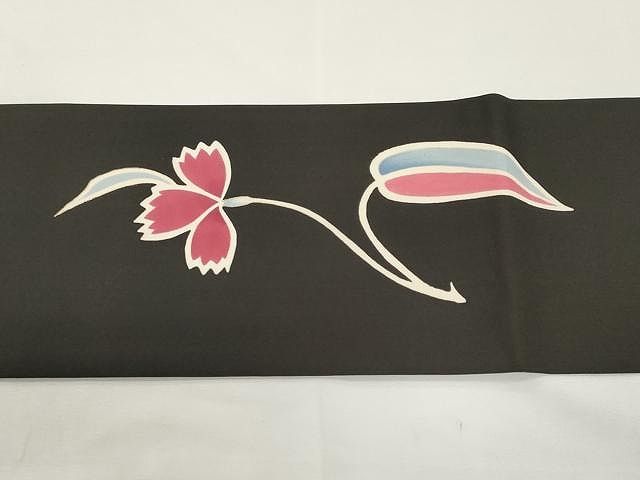 平和屋着物○塩瀬 九寸名古屋帯 型染め 枝花文 黒地 金彩 正絹 逸品