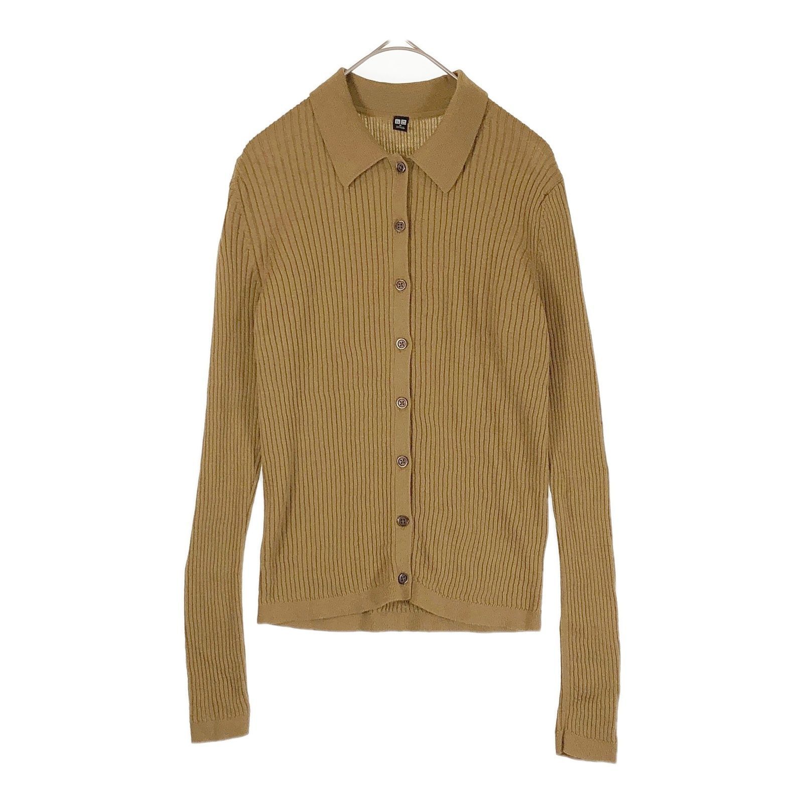 ユニクロ UNIQLO ★プルオーバーでも羽織でも使える襟付きデザイン★ メリノリブポロカーディガン 【M】 オリーブ 【清涼感あるシアー素材 ...