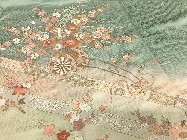 平和屋着物○アンティーク 大正ロマン 訪問着 刺繍 枝花文 暈し染め