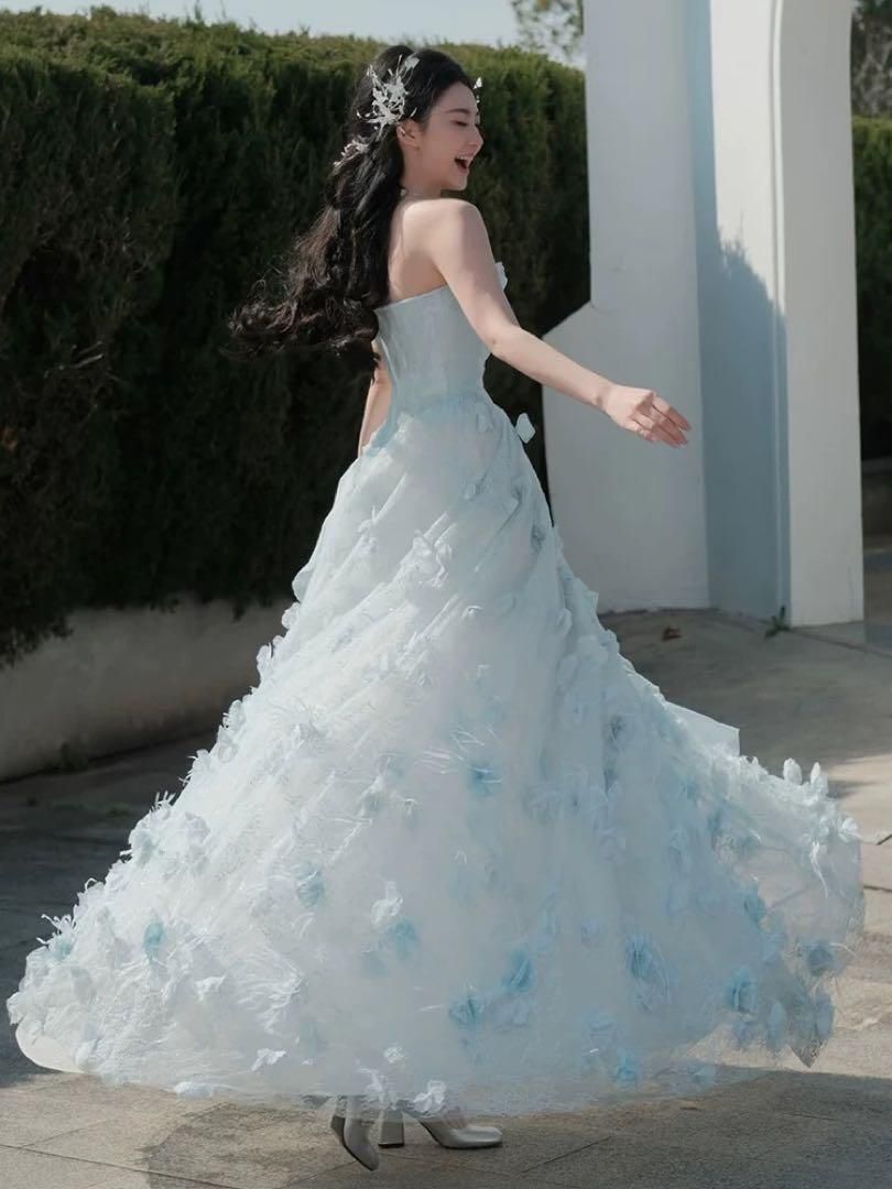 カラードレス プリンセスライン ロングドレス ブルー フリル リボン