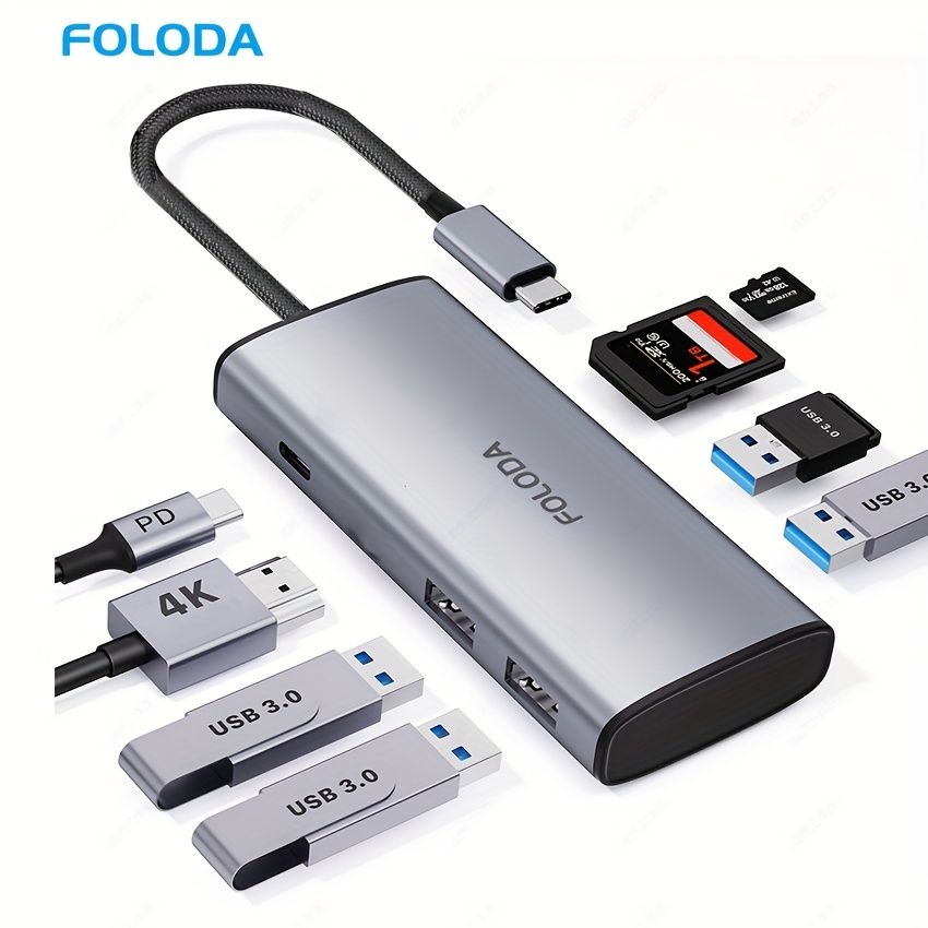 FOLODA 8-in-1 USB-Cハブ：4K HDTV、100W電力供給、デュアルUSB-Aポート、TF/SDカードリーダー ...