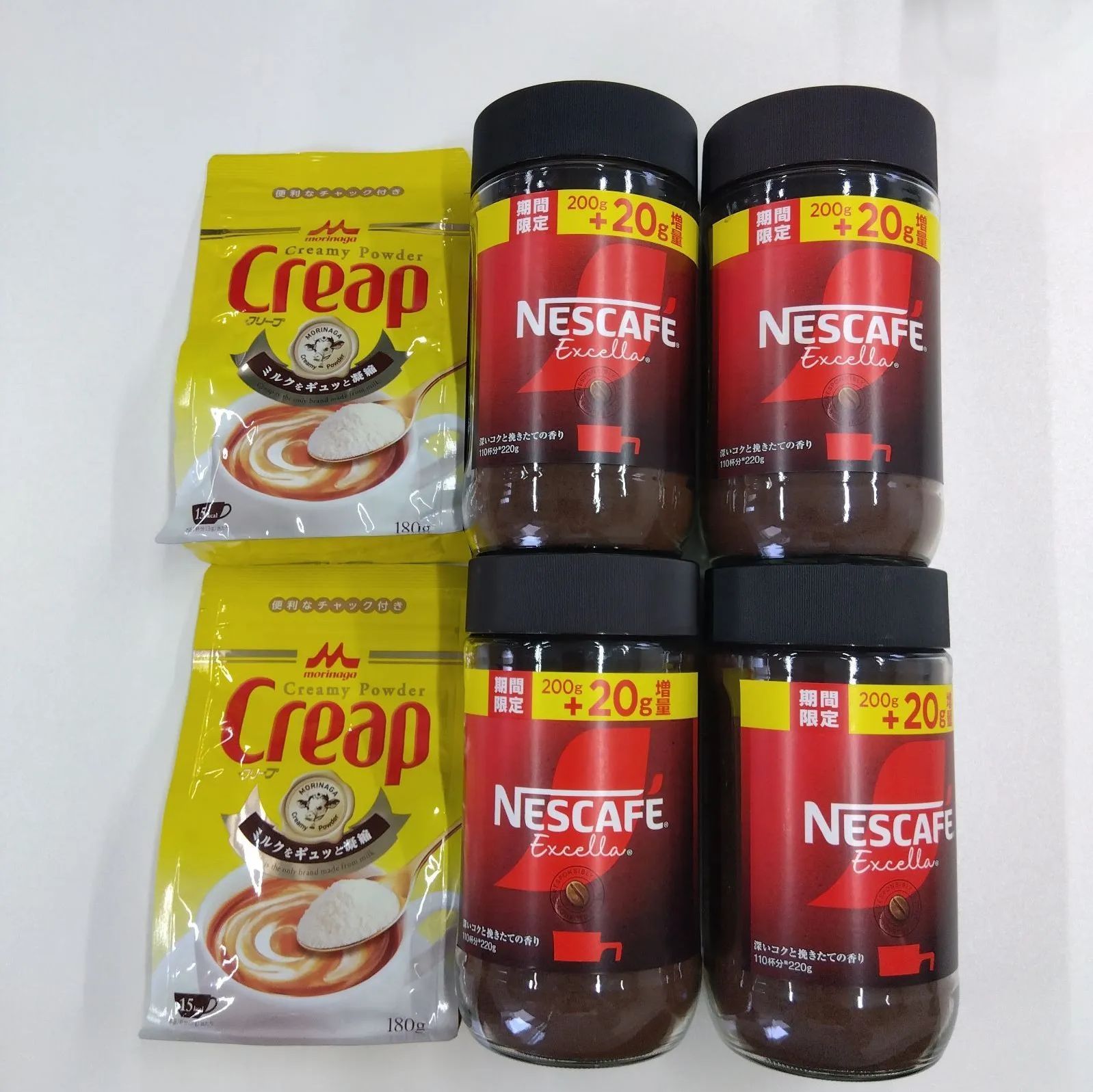 ネスカフェ エクセラ コーヒー 200g+20g増量×4本 森永クリープ180g×2 - メルカリ