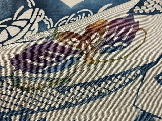 平和屋着物□上質な小紋 紬地 型染め 花蝶文 正絹 逸品