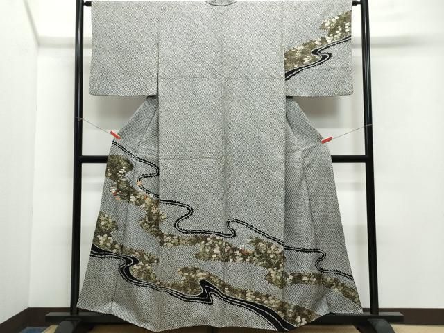 平和屋着物○訪問着 総絞り 駒刺繍 道長草花文 黒地 金銀彩 正絹 逸品