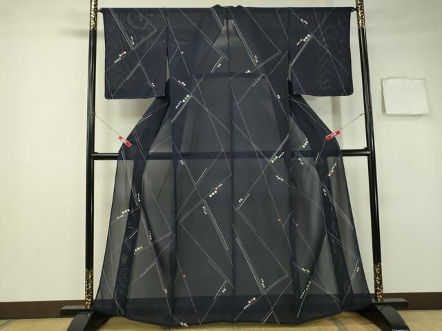 平和屋着物＊夏物　小紋　絽　舞花文　黒地　洗える着物　AABA6848st 平和屋着物＊夏物 小紋 絽 舞蝶文 黒地 洗える着物 未使用 AAAZ1077fy