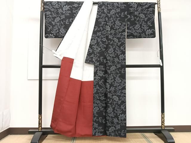 平和屋着物□上質な紬 更紗花文 黒地 正絹 逸品 CAAV8337xe