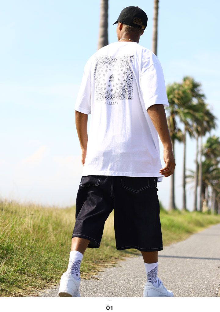 ACE FLAG 上下セット 半袖 Tシャツ デニム ハーフパンツ メンズ 白/黒