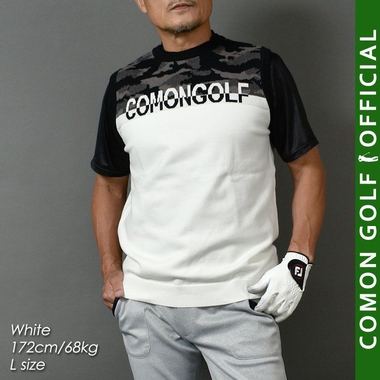 新品【COMONGOLF/コモンゴルフ】クルーネック迷彩切替ゴルフニットベスト/ホワイト(CG-BS239)ゴルフウェア メンズ ベスト トップス 春 秋 迷彩 クルーネック ゴルフニット ...