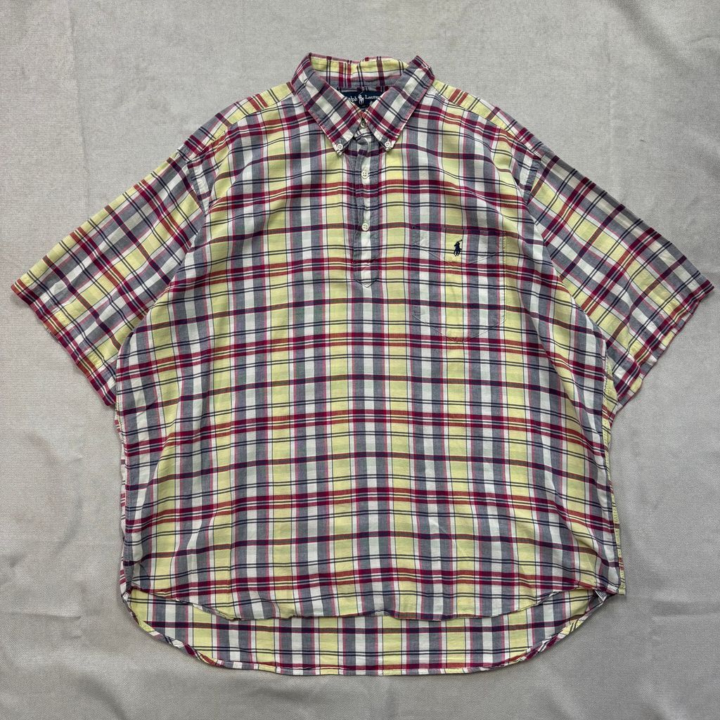Ralph Lauren PURCELL 100% コットン ボタンダウン ハーフボタン チェック柄 半袖シャツ 赤×紺×黄×白 XXLサイズ ...