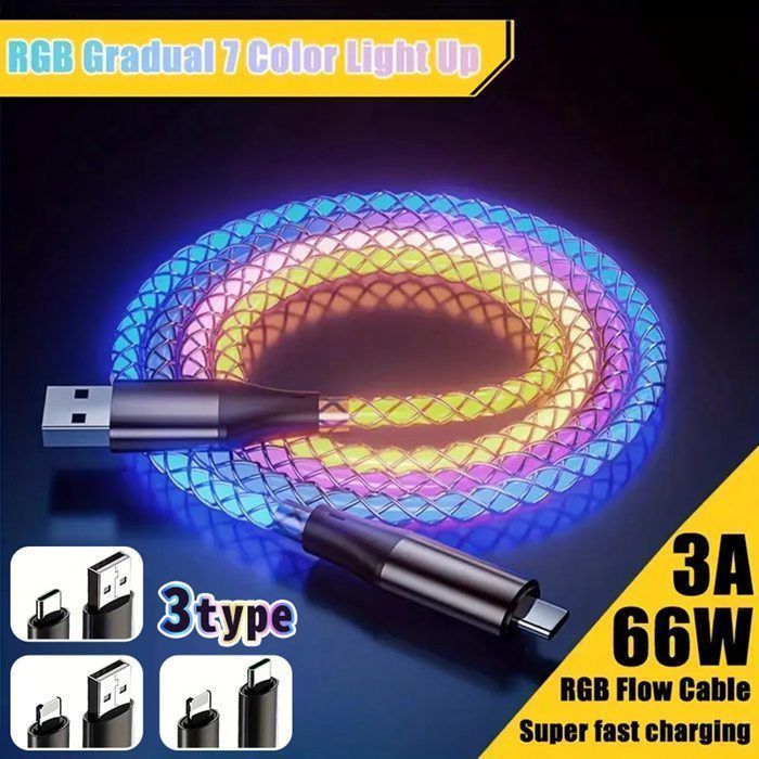 RGBイルミネーションケーブル 光る充電ケーブル 3type 急速充電ケーブル ライトニングケーブル 急速充電 車内 LED 流れるライトニングケーブル データ転送 高耐久 jykj02 - メルカリ