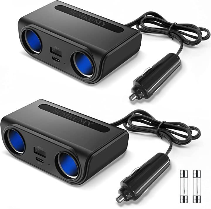 SUMKUMY シガーソケット2連 80W 12V/24V兼用 5V/2.4A USB-A端子1口 USB-C端子1口 コードタイプ プラグ抜け防止 増設ソケット 車用ソケット分配器 ヒューズ ...