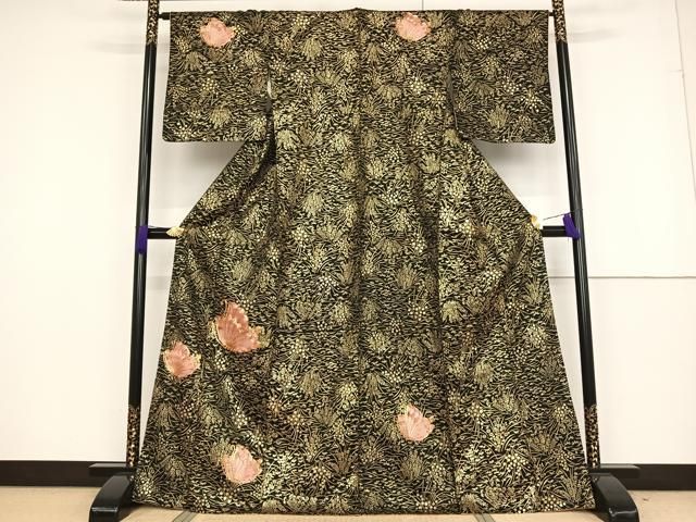 平和屋着物▽結城紬 単衣 草花文 正絹 逸品 AAAW1523fy