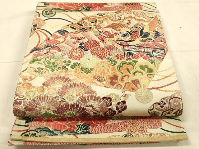 平和屋着物◎アンティーク 大正ロマン 丸帯 立波花文 金糸 正絹 逸品