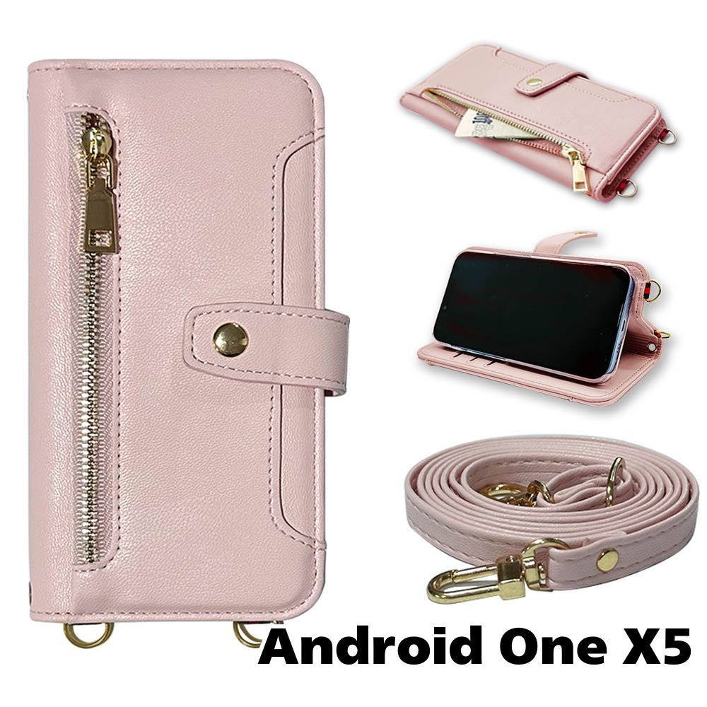 【新品未使用】 Android One X5 ストラップ付 手帳型スマホ ケース ショルダー myones (カバー色ピンク) くすみ ニュアンスカラー シンプル ファスナー カード収納 ...